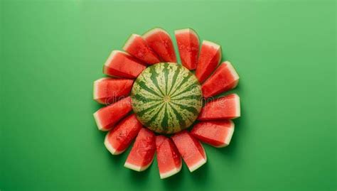 Circular Composition Watermelon Slices And Whole Fruit On Green Plane Abstract View Stock