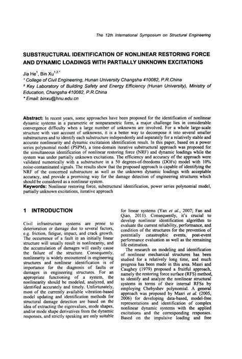 Pdf Substructural Identification Of Nonlinear Restoring Force And Dynamic Loadings With