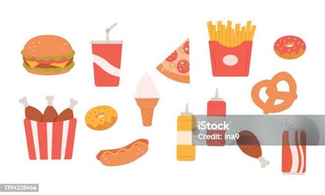 패스트 푸드 식사 세트 햄버거 음료 피자 감자 튀김 유약 도넛 튀긴 바삭 바삭한 닭 다리 핫도그 소다 아이스크림 겨자 케첩 및 프레첼을 고립시킵니다 컬러 플랫 벡터