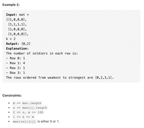 1337 The K Weakest Rows In A Matrix Kickstart Coding