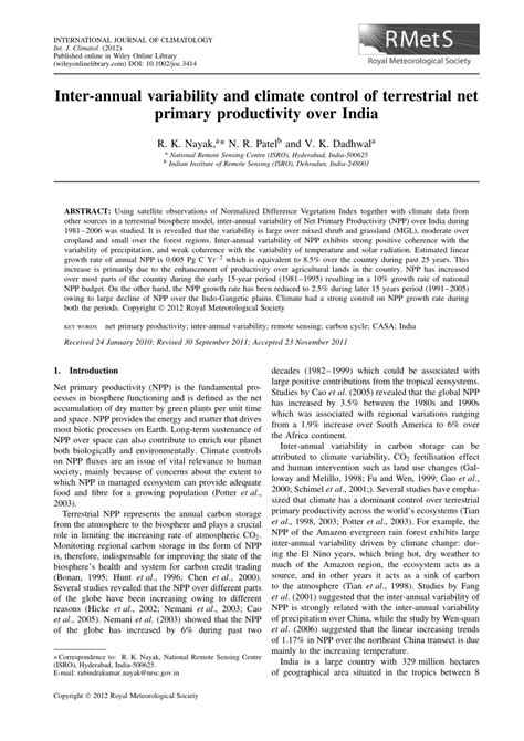 Pdf Inter Annual Variability And Climate Control Of Terrestrial Net Primary Productivity Over