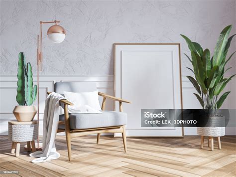 거실의 현대 중반 세기 인테리어 흰색 벽 프레임 모형 3d 렌더링에 식물과 안락 의자 0명에 대한 스톡 사진 및 기타 이미지 0명 가구 가정의 방 Istock