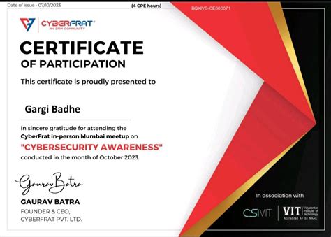 Honored To Be The Part Of Cyber Security Awareness Workshop By Cyberfrat With Csivit 🚀 Great
