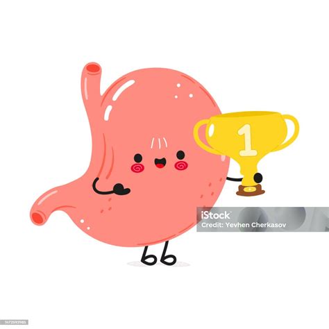 귀여운 재미있는 배가 금 트로피 컵을 들고 있습니다 벡터 손으로 그린 만화 Kawaii 캐릭터 그림 아이콘입니다 흰색 배경에 격리 우승자 트로피 컵이있는 위 개념에 대한