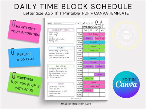 Time Blocking Planner Printable Block Schedule Planner Adhd Planner Adult Work From Home Planner