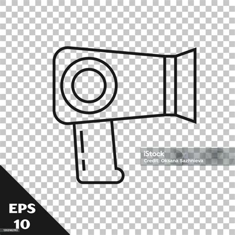 투명 한 배경에 격리 된 검은 선 헤어 드라이어 아이콘입니다 헤어드라이어 사인 헤어 드라이 기호입니다 뜨거운 공기를 불어 벡터 일러스트레이션 개념에 대한 스톡 벡터 아트 및