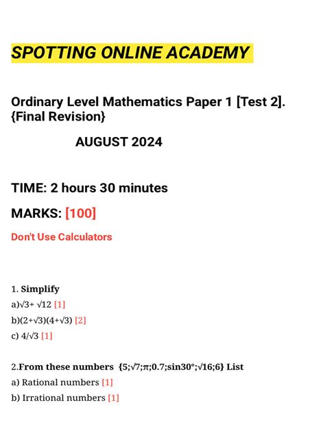 Mathematics Exam 2 Spotting Online Academy Pdf