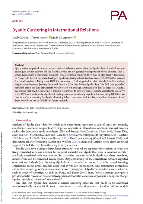 Pdf Dyadic Clustering In International Relations
