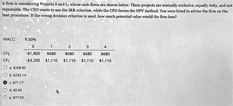 Solved A Firm Is Considering Projects S And L Whose Cash Flows Are