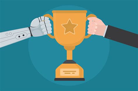 황금 트로피 컵을 들고 있는 인간과 로봇 손 사업가와 로봇의 협력 협업 1등 잔 Ai 기술 향상 벡터에 대한 스톡 벡터 아트 및 기타 이미지 Istock