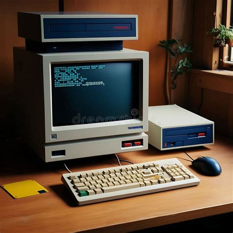 Old School Desktop Computer Setup With Pixelated Screens Floppy Disks And Wired Mouse Stock