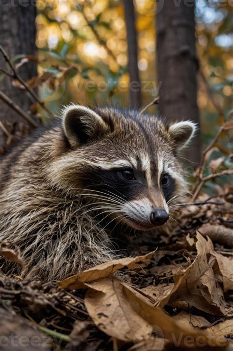 A Raccoon Resting Among Leaves In A Forest Setting Showcasing Its