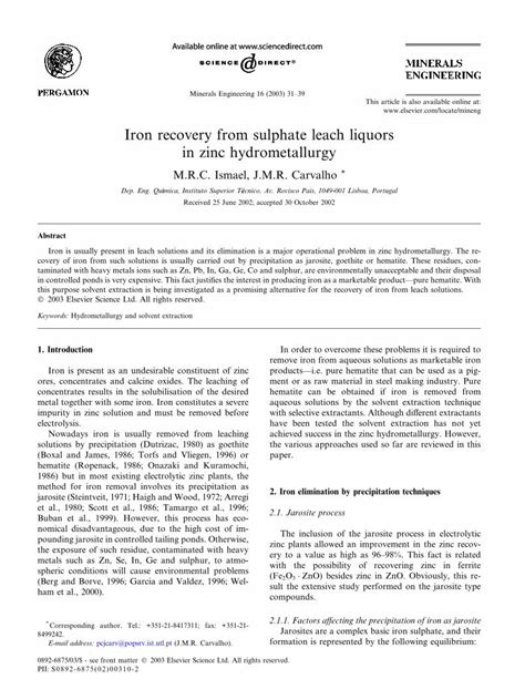 Pdf Iron Recovery From Sulphate Leach Liquors In Zinc Hydrometallurgy Dokumentips