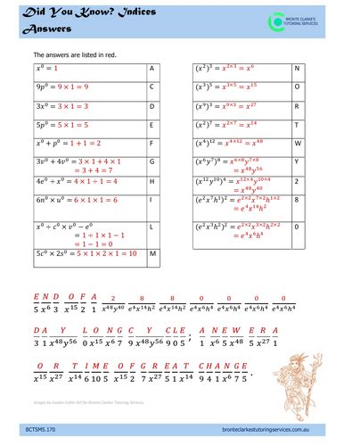 Did You Know Indices Code Activity With Answers Teaching Resources