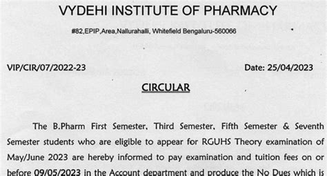 Fee Payment Circular Vims