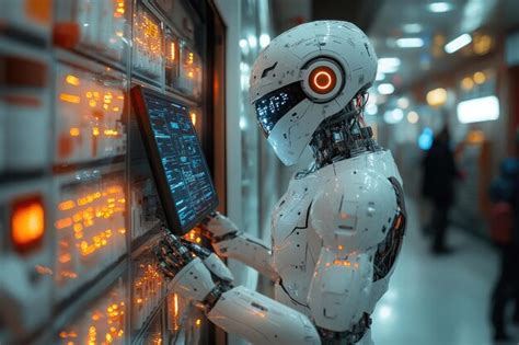 humanoid robot examining data on a large screen in a futuristic data center premium ai