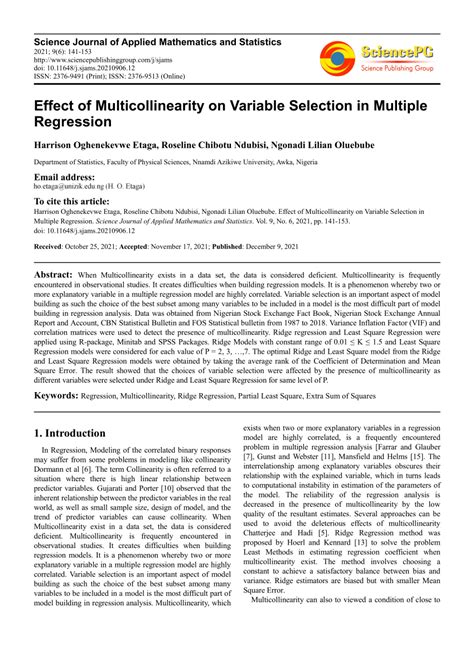 Pdf Effect Of Multicollinearity On Variable Selection In Multiple