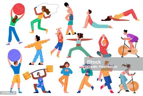 스포츠 활동 벡터 일러스트 세트 체육관에서 피트니스 운동을 가진 만화 플랫 액티브 스포츠맨 컬렉션 흰색으로 고립 된 건강한