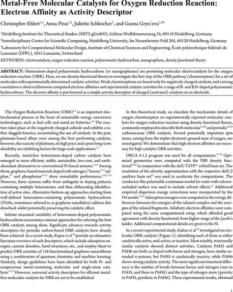 Metal Free Molecular Catalysts For Oxygen Reduction Reaction Electron Affinity As Activity