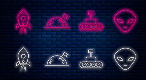 플래그 화성 로버 화재와 외계인 로켓 선박 라인 행성을 설정합니다 벽돌 벽에 빛나는 네온 아이콘입니다 벡터 개념에 대한 스톡 벡터 아트 및 기타 이미지 Istock