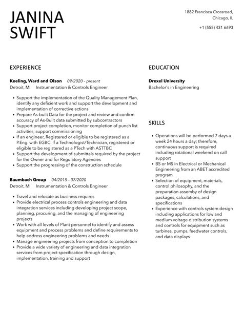 Instrumentation Controls Engineer Resume Samples Velvet Jobs