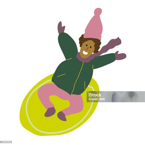 썰매를 타고 언덕 아래로 미끄러지는 작은 어두운 피부의 소년 얼음 밖에서 놀고 있는 행복한 미소 짓는 아이 흰색에서 격리된 플랫 벡터 그림 갈색 머리에 대한 스톡 벡터 아트