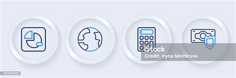 방패 계산기 전세계 및 파이 차트 인포그래픽 아이콘으로 라인 머니를 설정합니다 벡터 개념에 대한 스톡 벡터 아트 및 기타 이미지 개념 교육 그래프 Istock