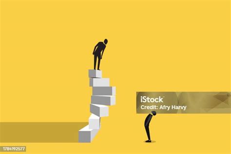 성공한 사업가는 아래를 내려다보고 남자는 위를 올려다보며 성취 성공 성공적인 방식으로 사업을 발전시키는 상징으로 지적합니다 개념에 대한 스톡 벡터 아트 및 기타 이미지