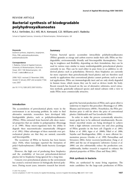Bacterial Synthesis Of Biodegradable Polyhydroxyalkanoates Pdf Chemistry Physical Sciences