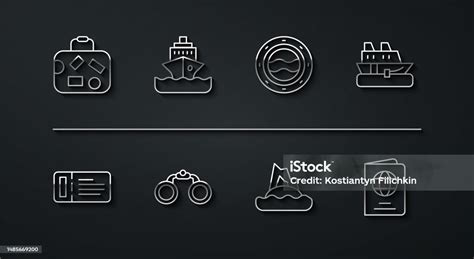 세트 라인 여행 가방 크루즈 티켓 배 바다의 열대 섬 쌍안경 여권 및 바다 풍경 아이콘이 있는 선박 현창 벡터 가방에 대한 스톡 벡터 아트 및 기타 이미지 Istock