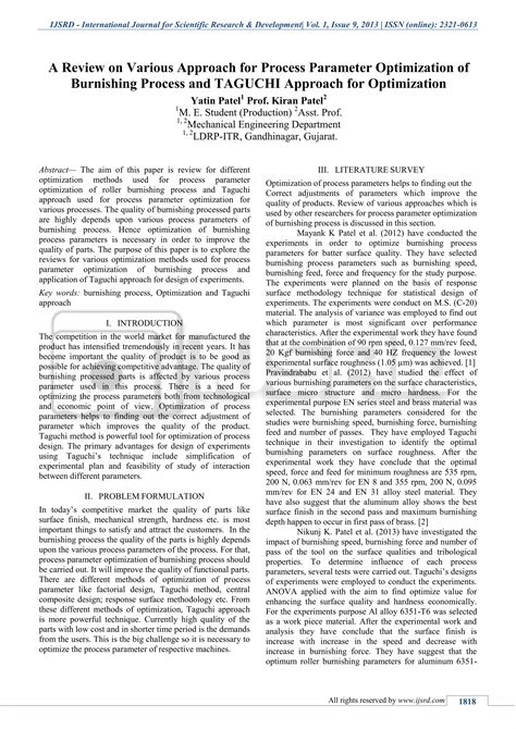 A Review On Various Approach For Process Parameter Optimization Of Burnishing Process And