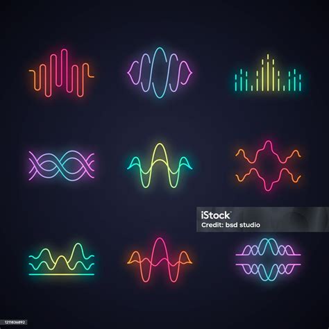 사운드 및 오디오 웨이브 네온 라이트 아이콘 세트 빛나는 징후 음성 녹음 무선 신호 파형 디지털 음파 멜로디 진폭 수준입니다 Dj 이퀄라이저 주파수 벡터 절연 일러스트레이션