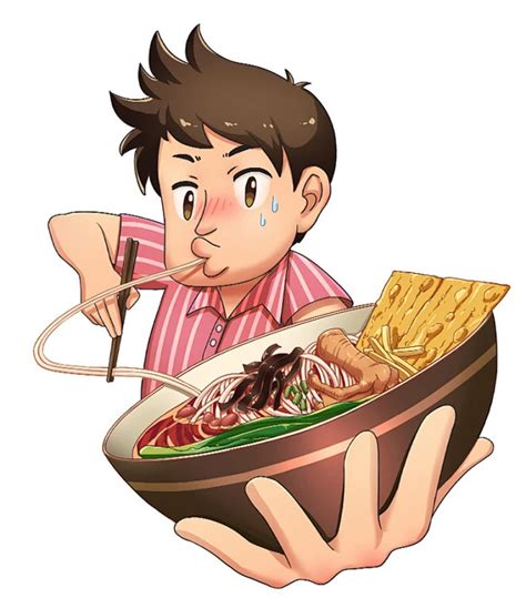 中国风创意卡通吃螺蛳粉插画 花瓣网