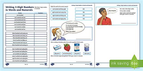 Writing 3 Digit Numbers In Words And Numerals Activity Sheet