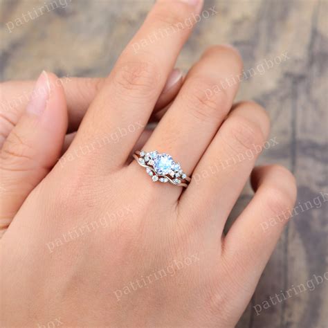 Vintage Moonstone Engagement Ring Set White Gold Engagement Ring Unique