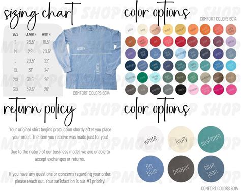Comfort Colors 6014 Size Chart Color Chart Editable Canva Template