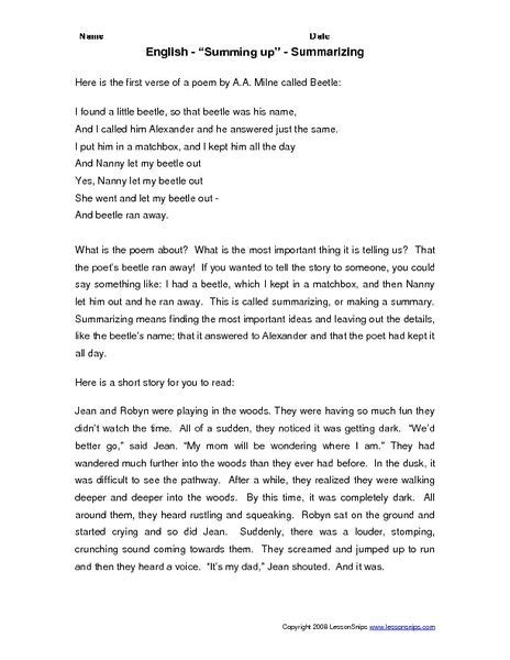 Summing Up Worksheet Lesson Planet