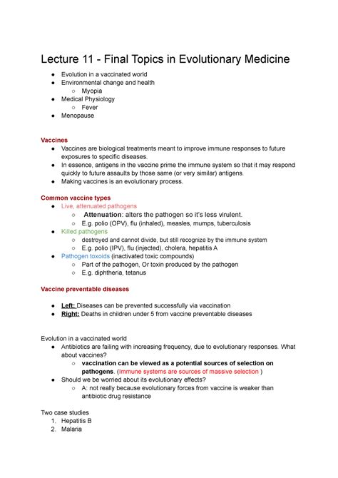 BIO UTSG Lecture Notes Lecture Final Topics In Evolutionary Medicine Lecture
