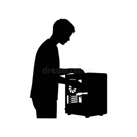 silhouette of man assembling computer hardware in black vector illustration stock vector