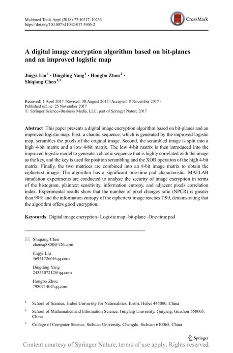 A Digital Image Encryption Algorithm Based On Bit Planes And An Improved Logistic Map Request Pdf