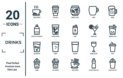 음료 선형 아이콘 세트입니다 얇은 라인 뜨거운 커피 물 한 병 얼음물 보바 플라스틱 컵 캔 보고서 프리젠 테이션 다이어그램 웹