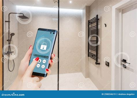 Smart House Home Automation Device With App Icons Woman Uses His Smartphone With Smarthome