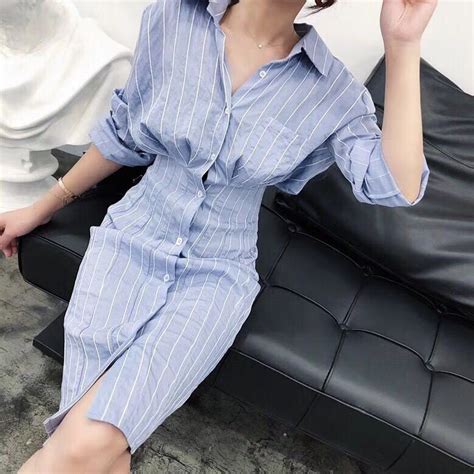 Для женщин платья в полоску Одежда с длинным рукавом платье рубашка Однобортный Высокая Талия