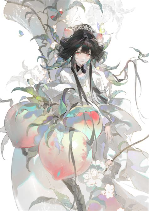 Eteru Absurdres Highres Girl Black Hair Branch Chinese Clothes Flower Food Food Themed