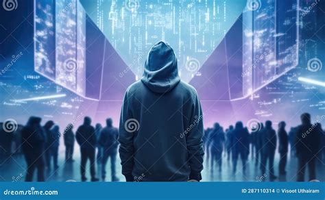 Rear View Hacker Stands Amidst A Hazy Metaverse Information Security