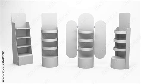 Set Of Supermarket Pos Cardboard Floor Display Racks Blank Empty Advertisement Stand Mock Up