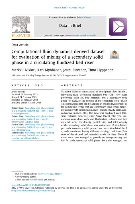 PDF Computational Fluid Dynamics Derived Dataset For Evaluation Of Mixing Of A Secondary Solid