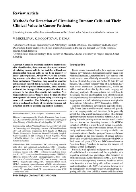 Pdf Methods For Detection Of Circulating Tumour Cells And Their
