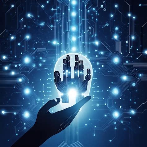Hands Of Robot And Human Touching Sphere Grid Wave With Binary Code