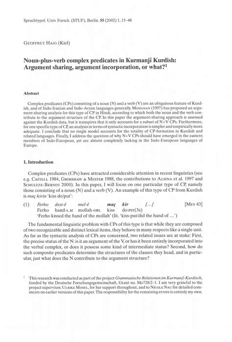 Pdf Noun Plus Verb Complex Predicates In Kurmanjî Kurdish Argument